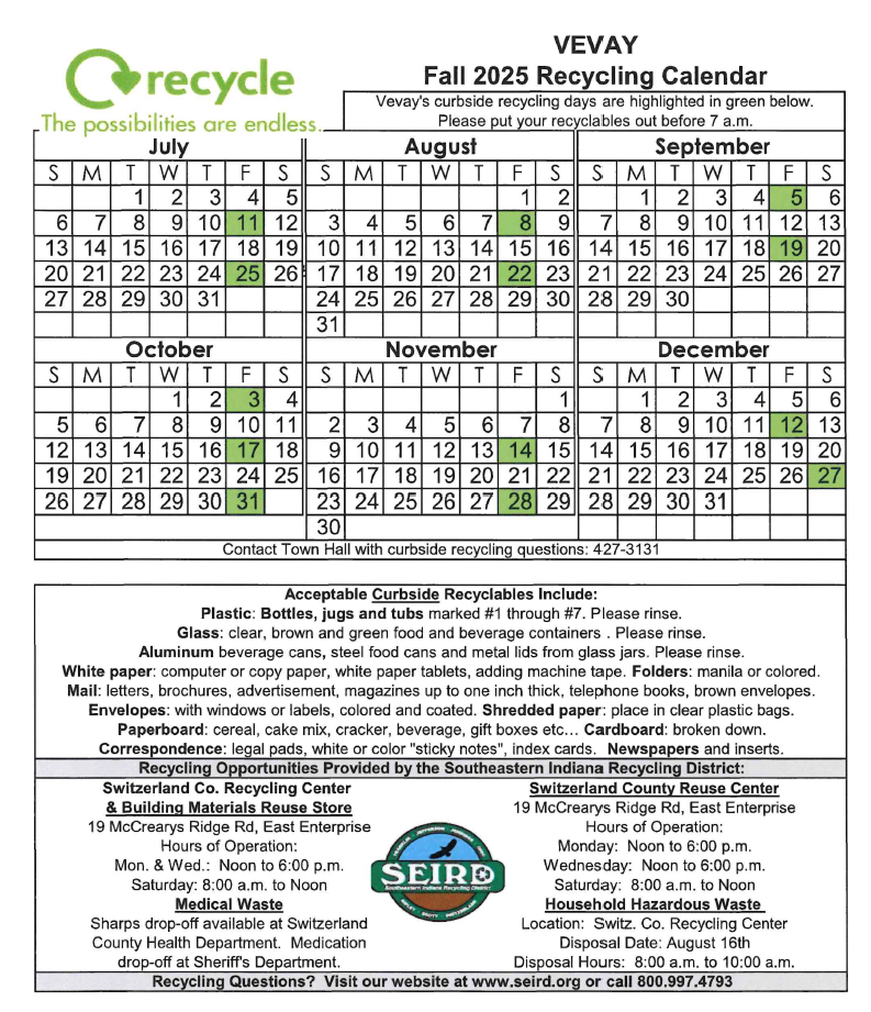 Trash & Recycling Calendar – Town of Vevay